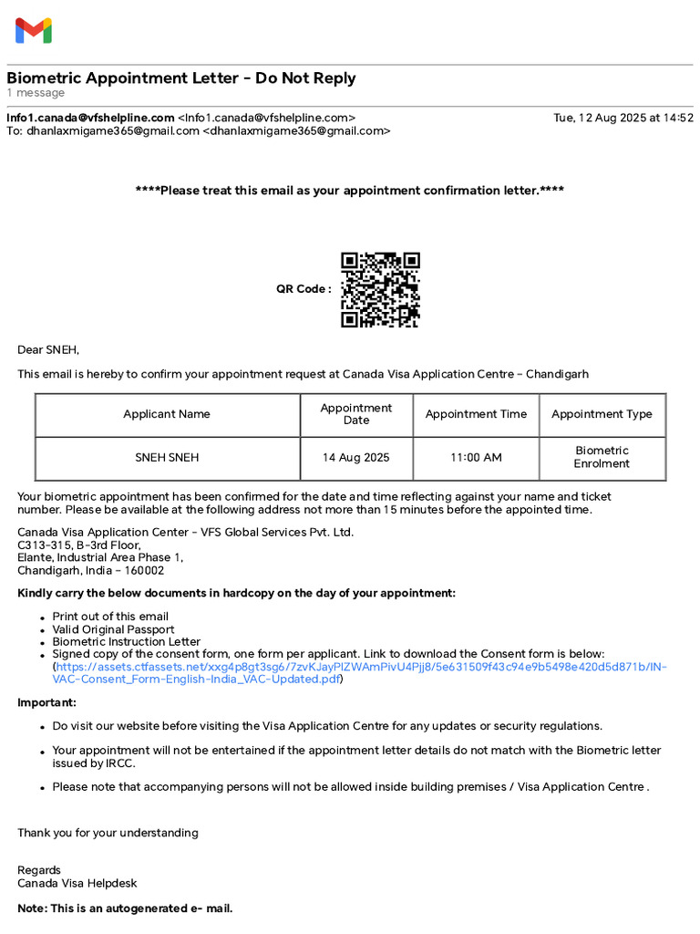 Gmail - Biometric Appointment Letter - Do Not Reply | PDF | Travel Visa ...
