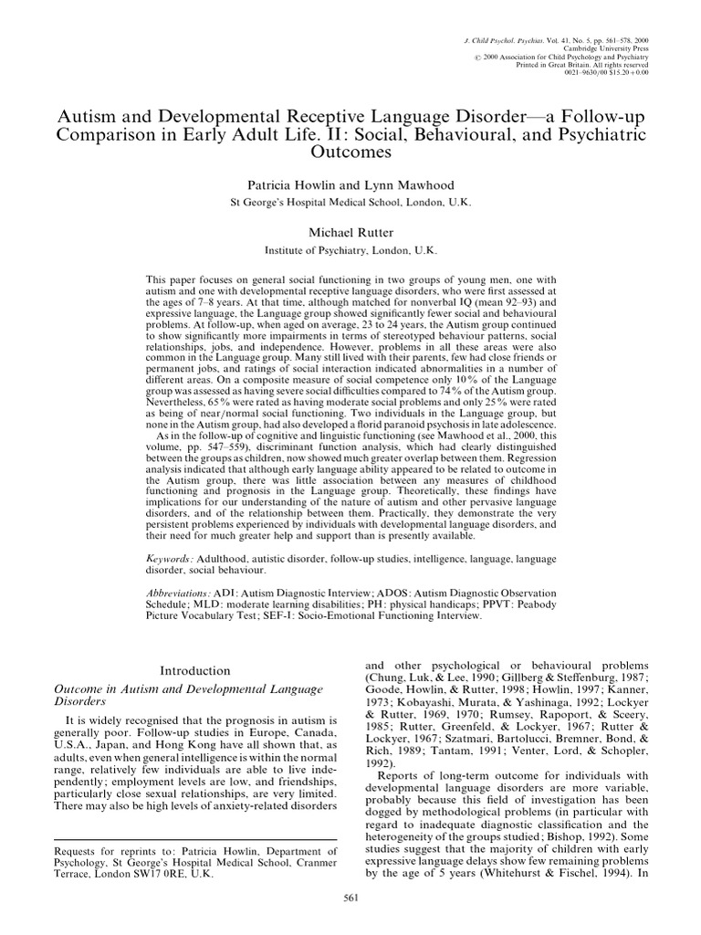 Howlin, P., Mawhood, L., Rutter, M. (2000) - Autism and Developmental ...