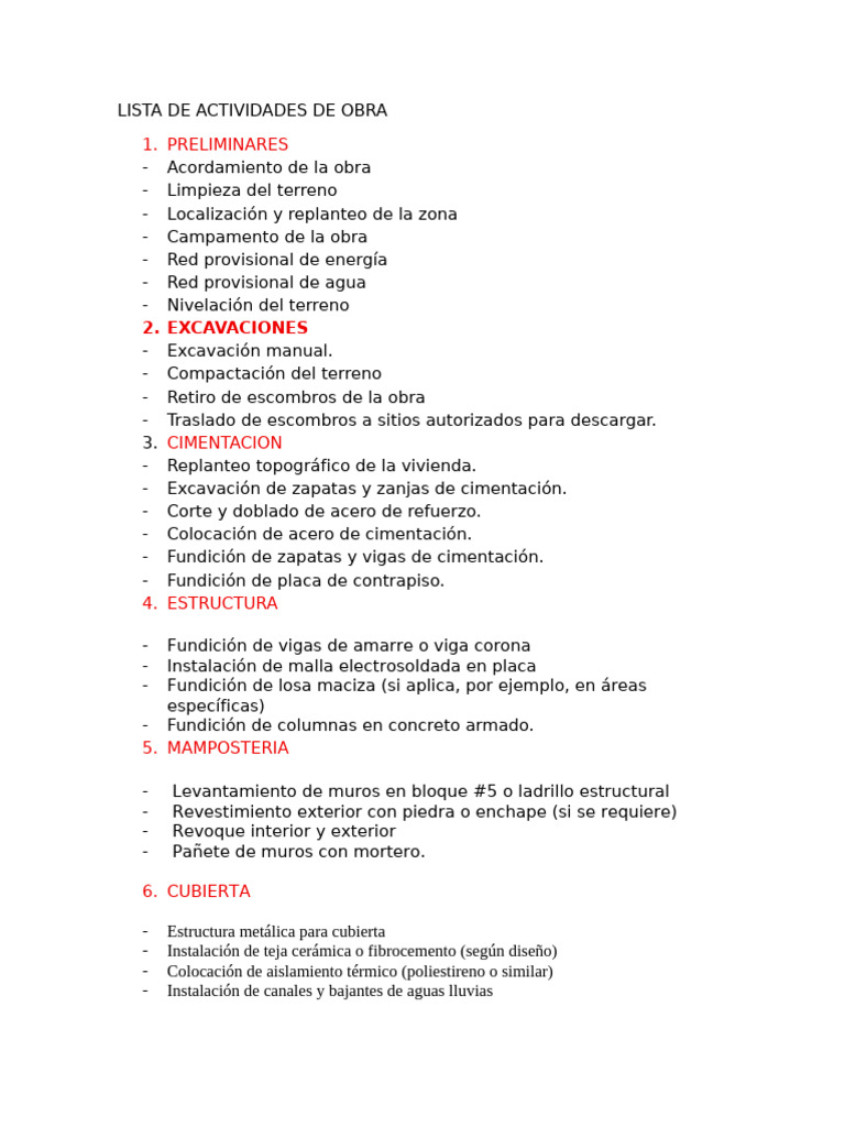Actividades Esenciales de Obra | PDF