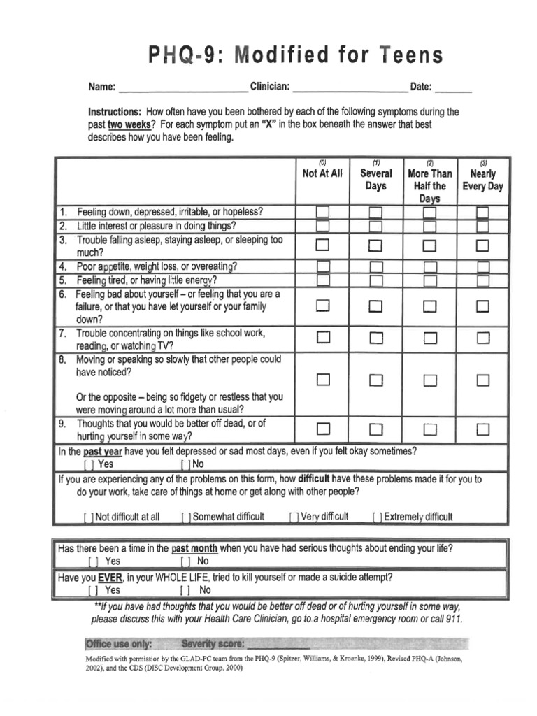 PHQ-9 Teens | PDF