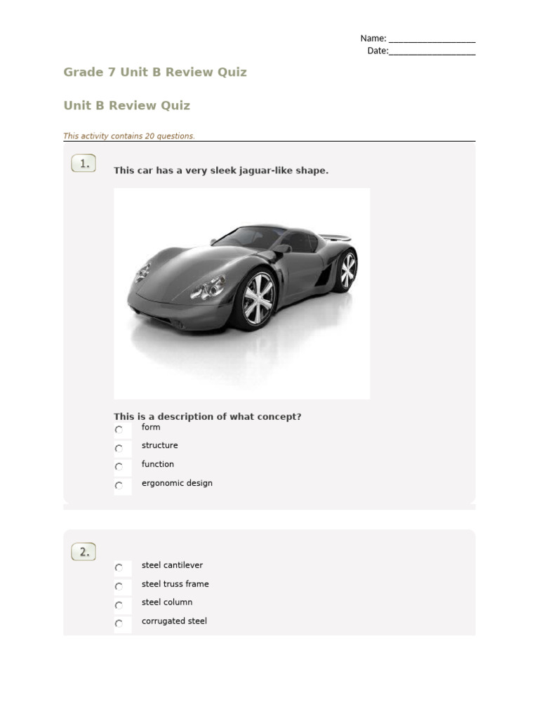 Grade 7 Unit B Review Quiz Guide | PDF | Force | Center Of Mass