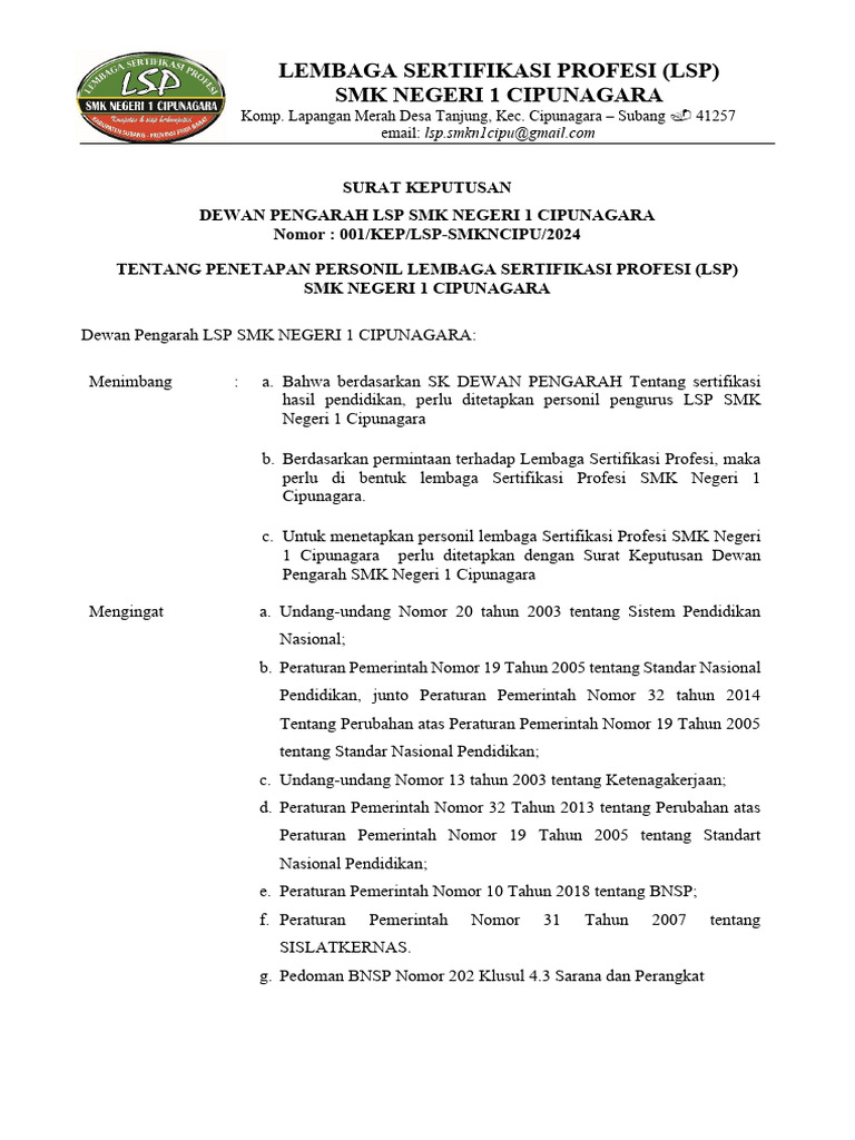 Penetapan Personil LSP SMK Cipunagara | PDF