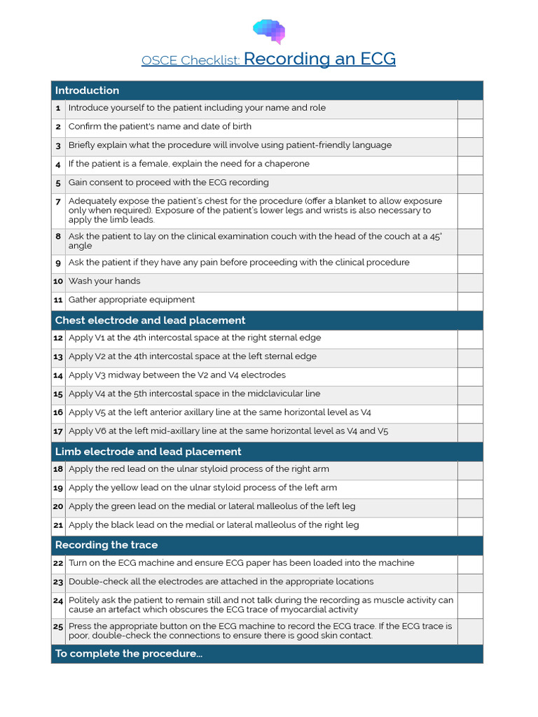 OSCE Checklist Recording An ECG 1 | PDF | Electrocardiography | Clinical Medicine