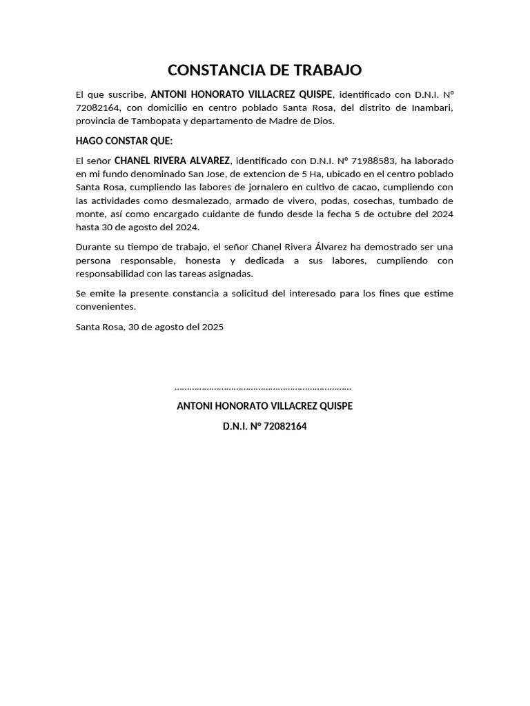 Constancia de Trabajo para Chanel Rivera | PDF