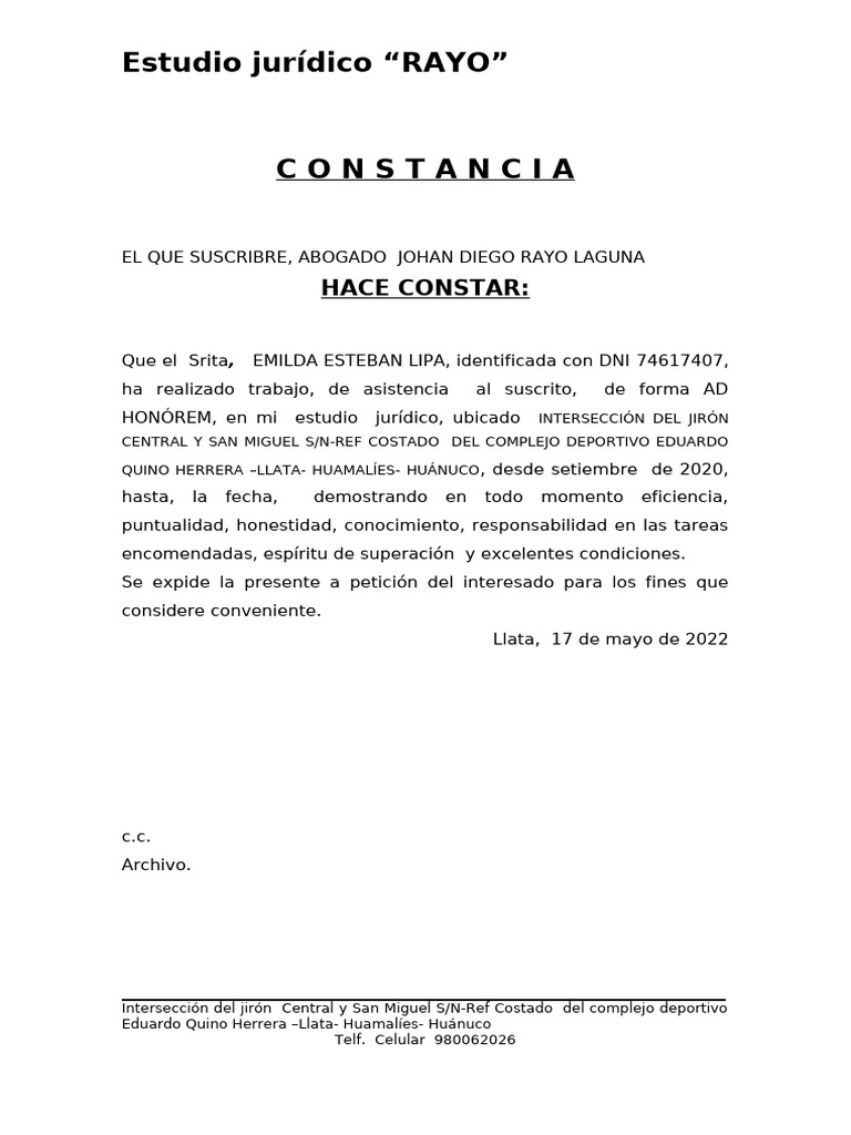 Constancia de Asistencia Legal Ad Honorem | PDF