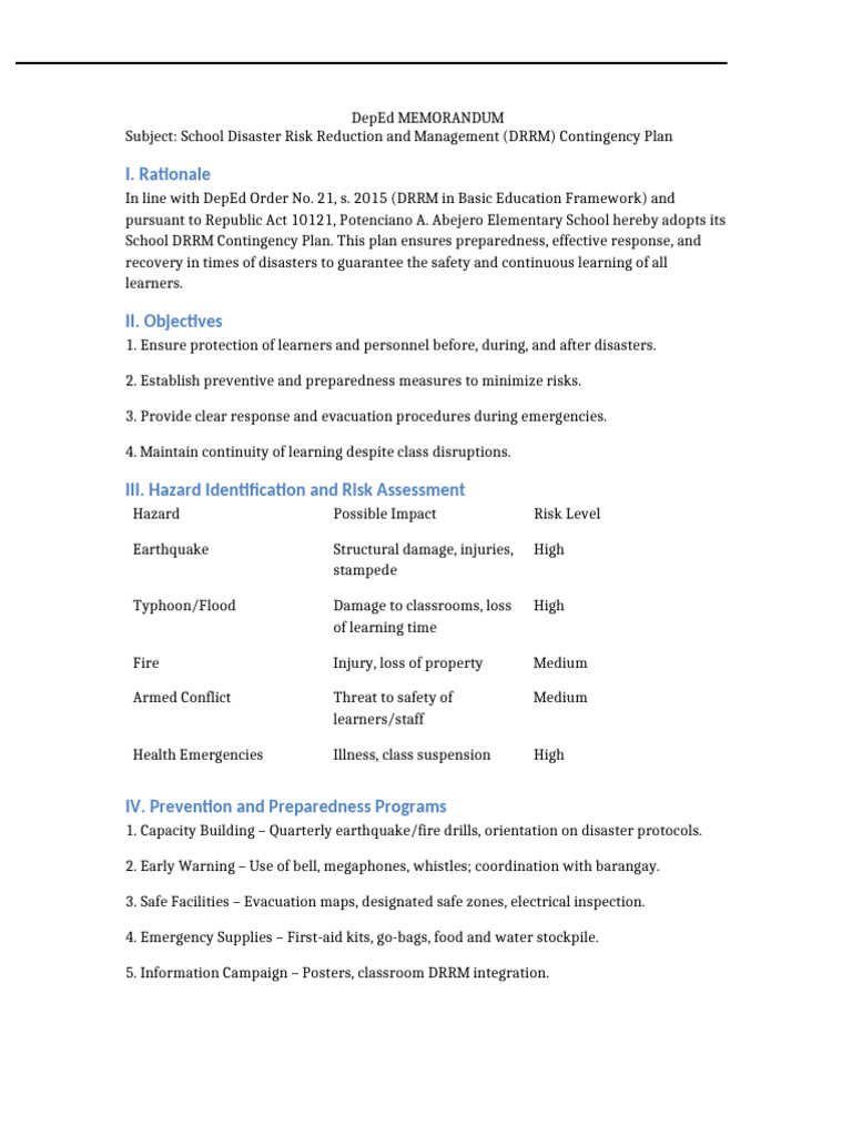 School DRRM Contingency Plan | PDF | Emergency Management | Safety