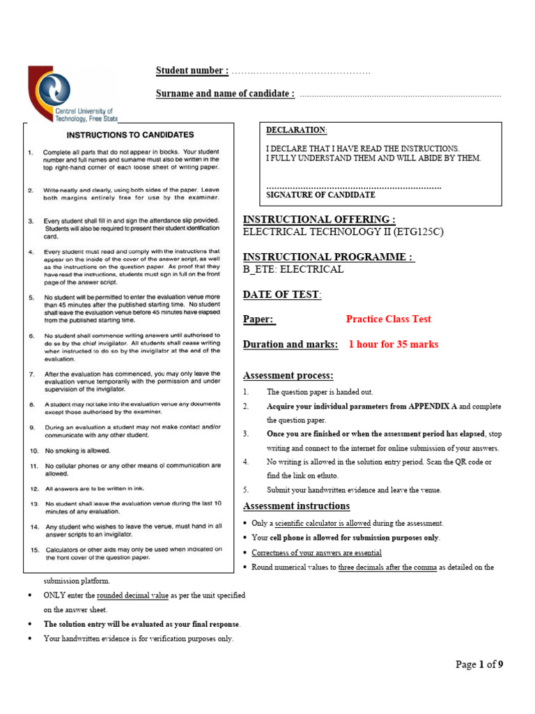 ETG125C - Practice Test - Question Paper | PDF | Electromagnetism ...