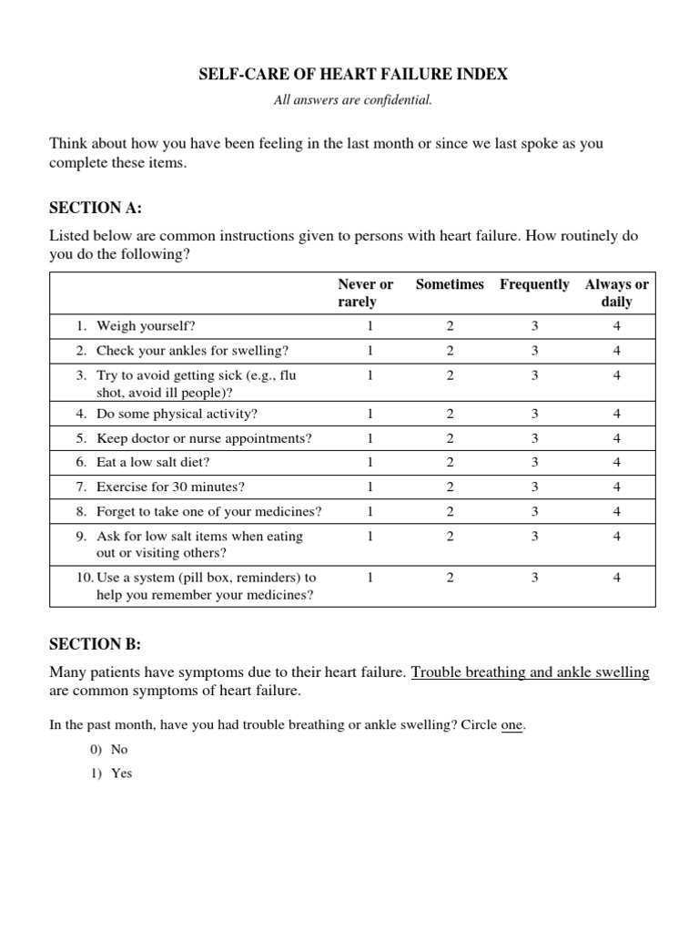 Self-Care Questionnaire for Heart Failure | PDF | Heart Failure ...