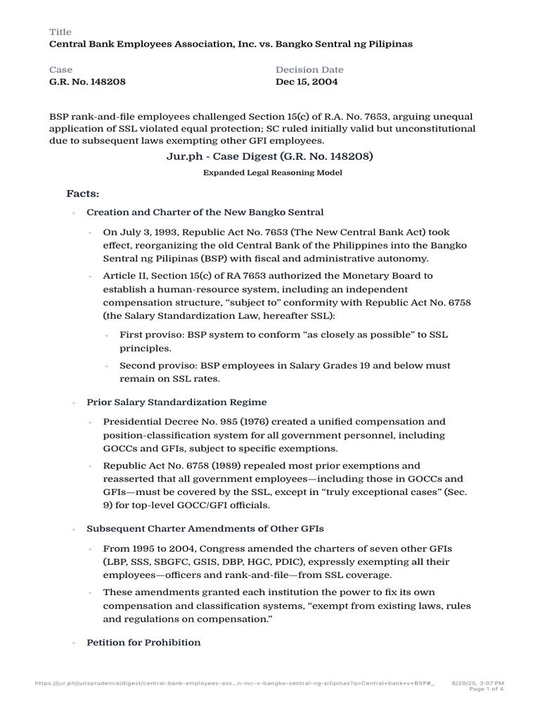BSP Employees' SSL Exemption Case Summary | PDF | Equal Protection ...