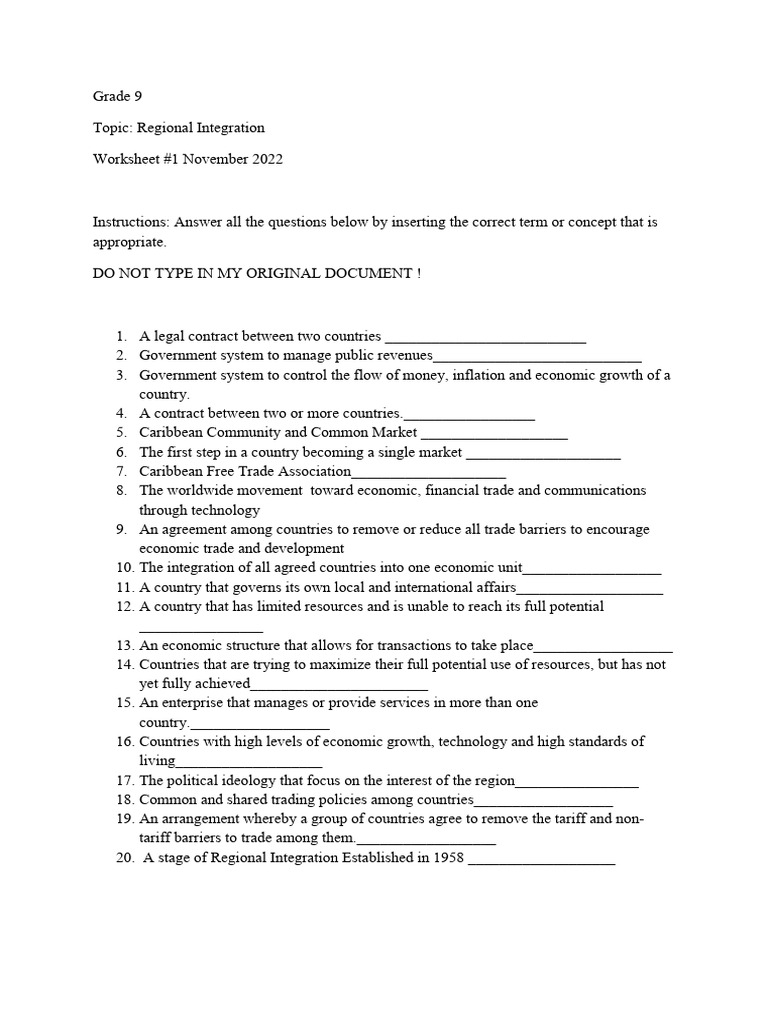 Grade 9 Regional Integration Worksheet | PDF