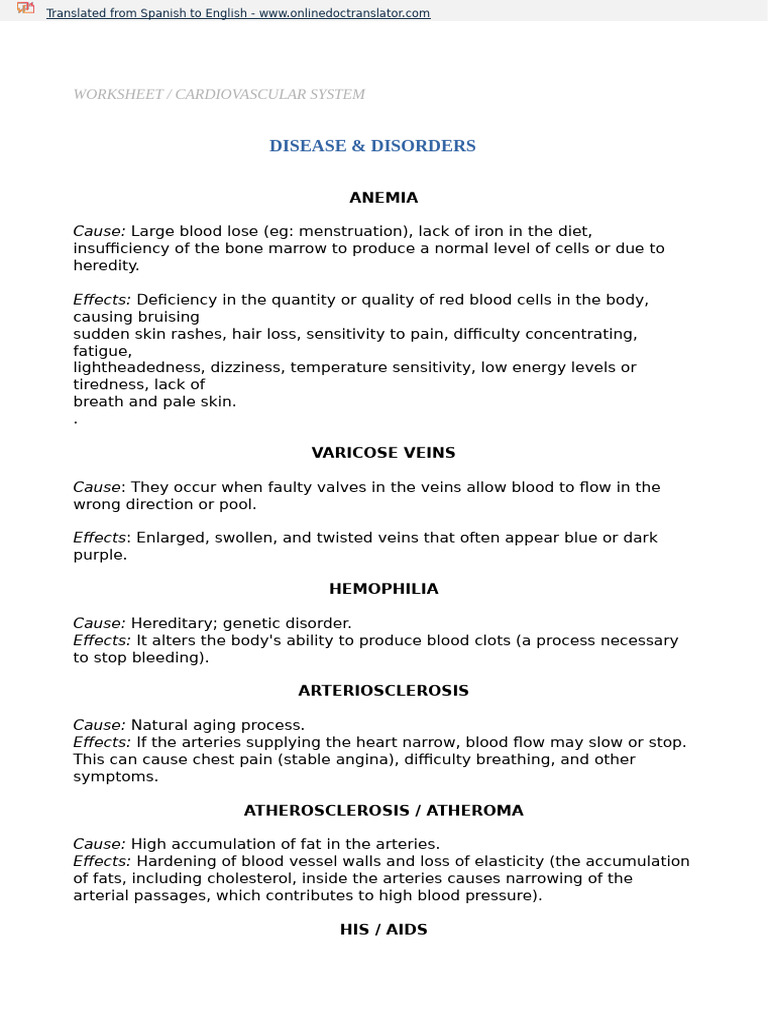 Diseases & Disorders - Cardiovascular System - Worksheet | PDF ...
