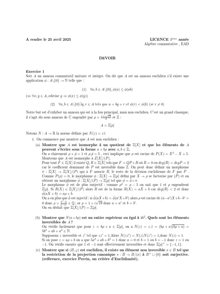 Anneau principal non euclidien : étude | PDF | Anneau (mathématiques ...