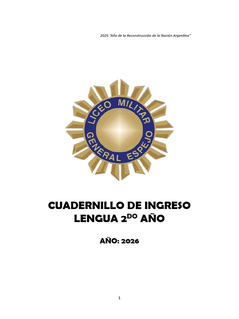 Cuadernillo de Ingreso 2do Año Lengua 2026 | PDF | Verbo | Comprensión lectora