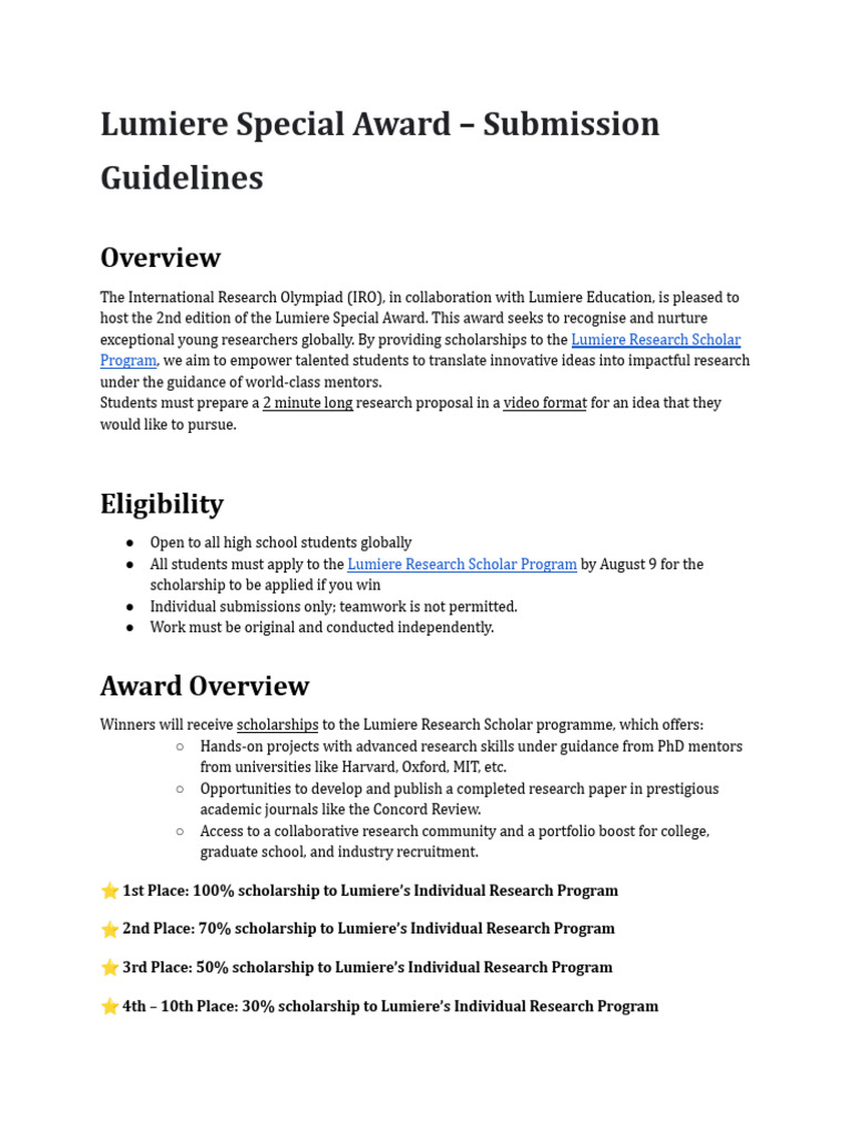 Lumiere Special Award Submission Guide | PDF | Plagiarism | Methodology