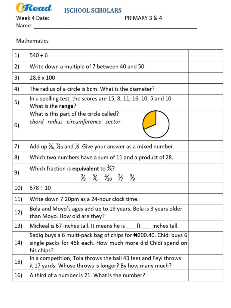 Pry 3 - 4 Maths Worksheets Wk4 For ELearning ISchool | PDF