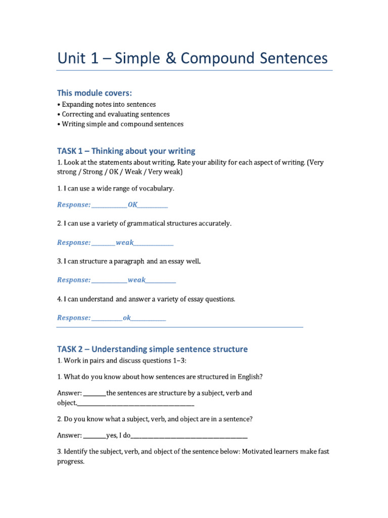 Unit 1 - Simple & Compound Sentences | PDF