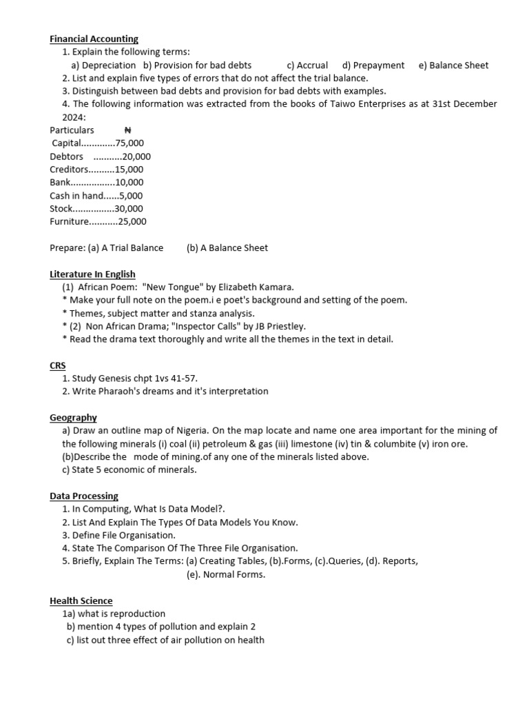 Sss2 Holiday 1st Term 2025 2026 | PDF | Acid | Chemistry