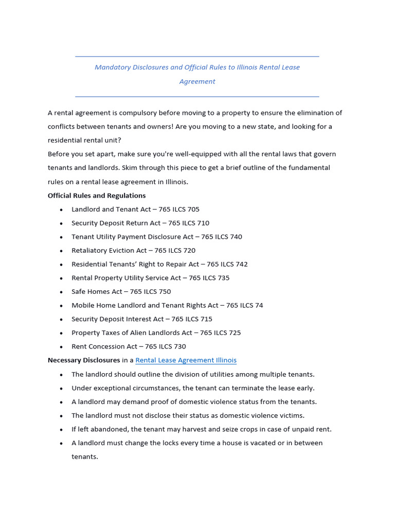 Mandatory Disclosures and Official Rules To Illinois Rental Lease ...