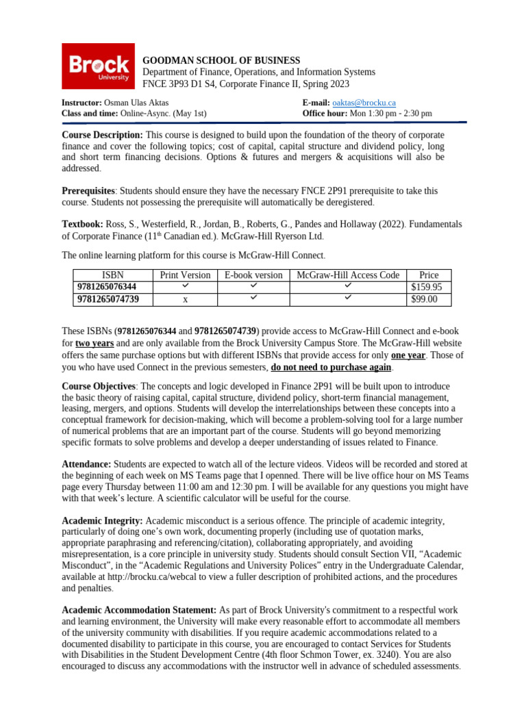 FNCE 3P93-Spring 2023 Course Outline Sec 4-Async | PDF | Quiz | Academic Integrity