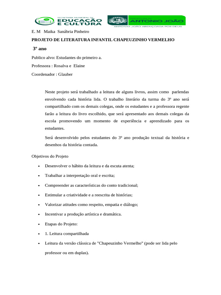 Projeto Literario (1) Rosalva | PDF | Chapeuzinho Vermelho