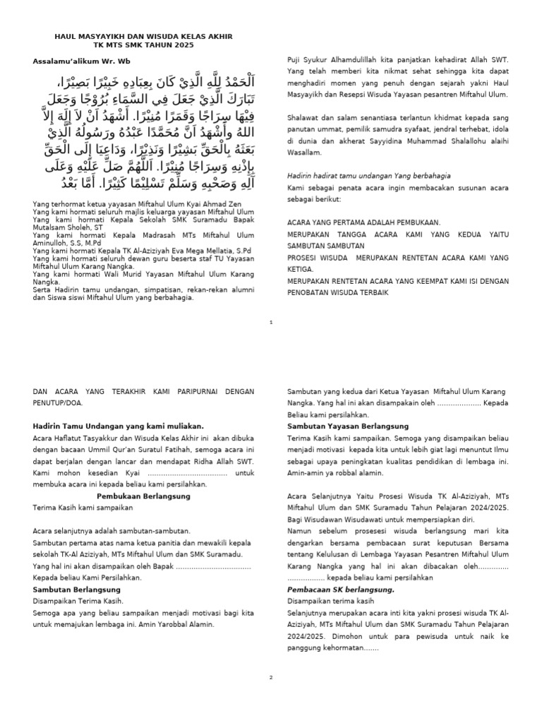 Teks MC Wisuda TK Miftahul Ulum | PDF