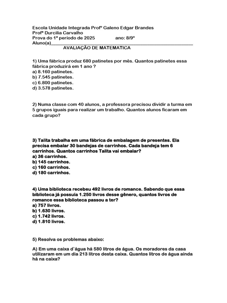Prova de Matemática 8º/9º Ano 2025 | PDF