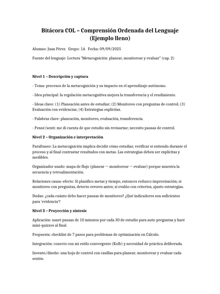 Bitácora COL: Ejemplo de Metacognición | PDF
