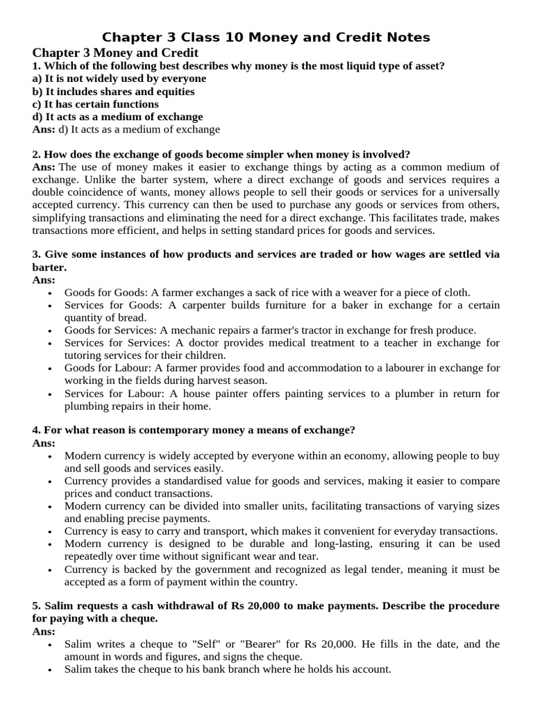 Chapter 3 Class 10 Money and Credit Notes | PDF | Loans | Money
