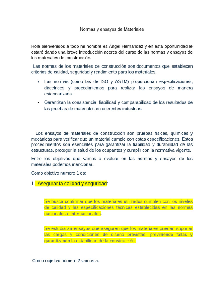 Normas y Ensayos de Materiales GUION | PDF