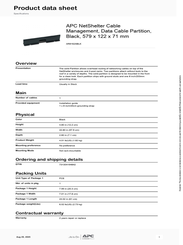 APC NetShelter Cable Management Partition | PDF | Economy And The ...