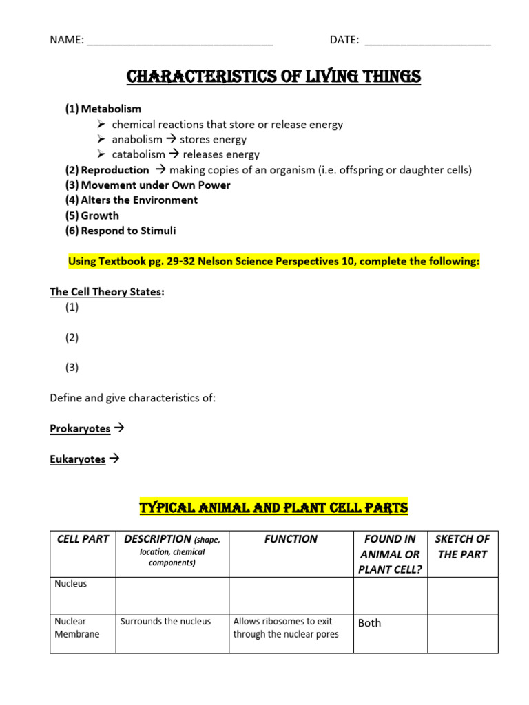 Characterisitcs Living Things&Cell Parts | PDF