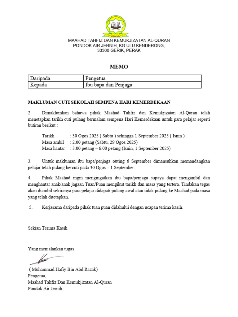 Memo Cuti Sekolah (Merdeka) | PDF