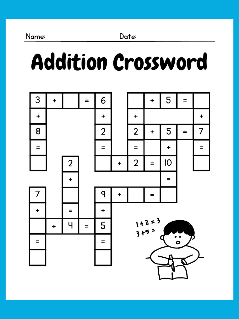 Addition Crossword Puzzle Worksheet in Blue Illustrative Style | PDF
