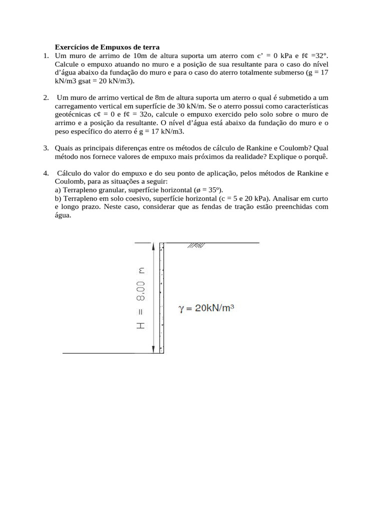 Exerc Cios de Empuxos de Terra | PDF | Estresse (Mecânica) | Solo