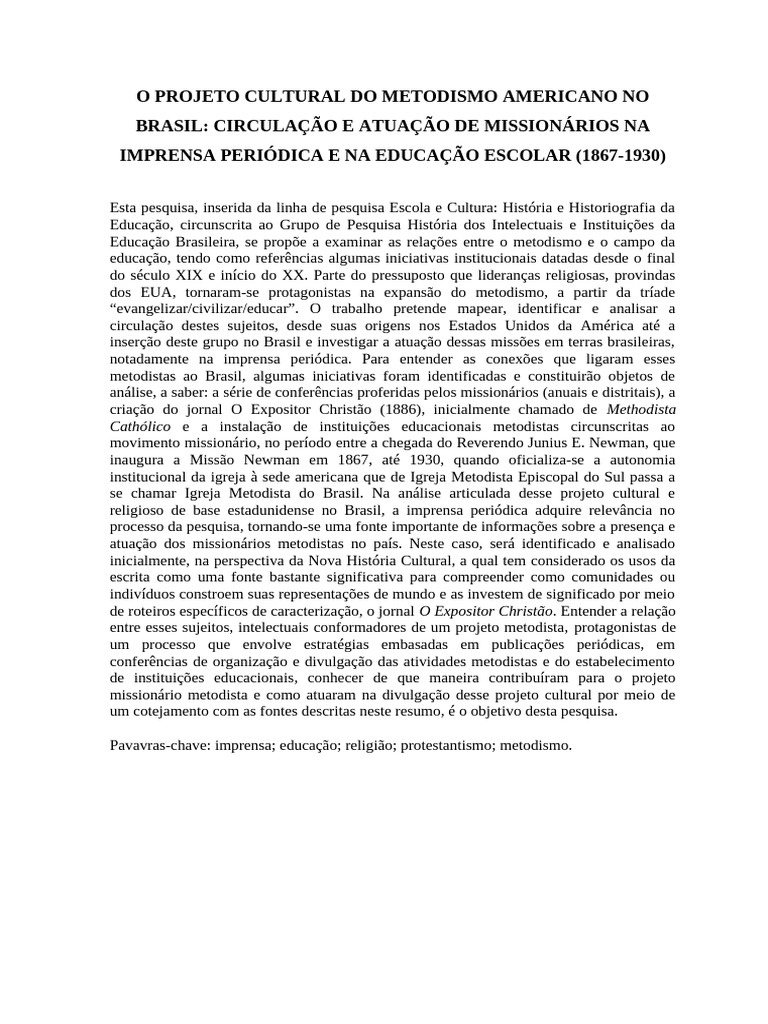 Metodismo e Educação no Brasil (1867-1930) | PDF | Metodismo | Missão ...