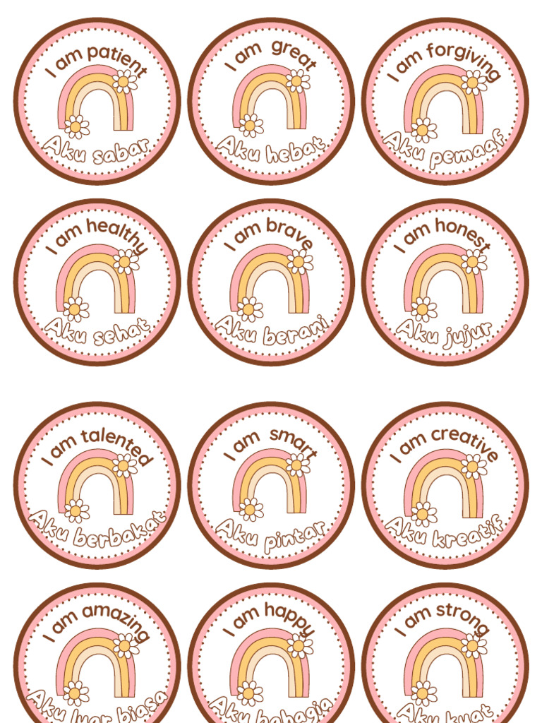 Positive Affirmation Flashcards Brown Pink Rainbow Style | PDF