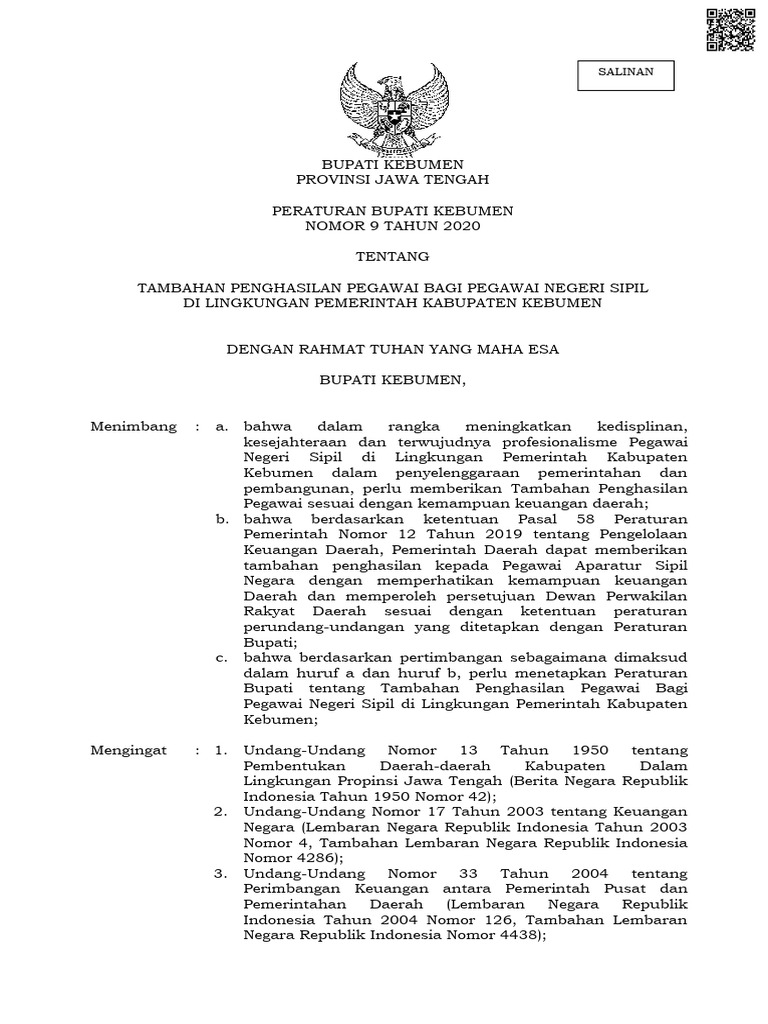 Tambahan Penghasilan PNS Kebumen 2020 | PDF