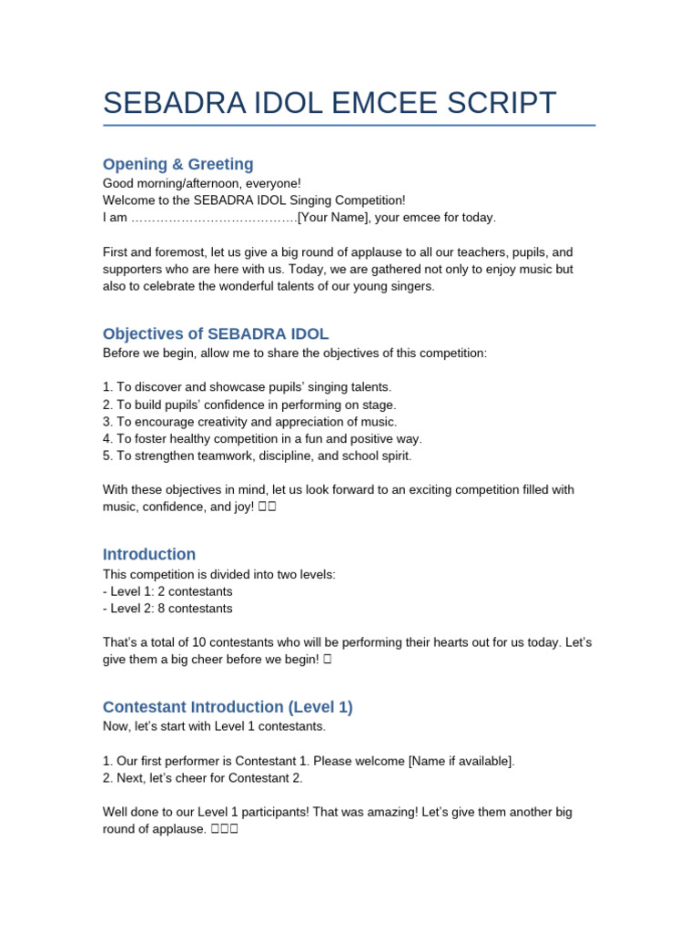 Sebadra Idol Emcee Script | PDF | Chess | Chess Theory