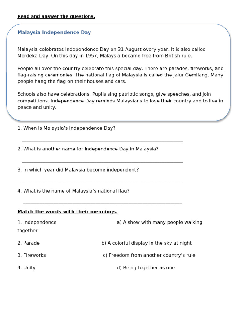 Malaysia Independence Worksheet | PDF