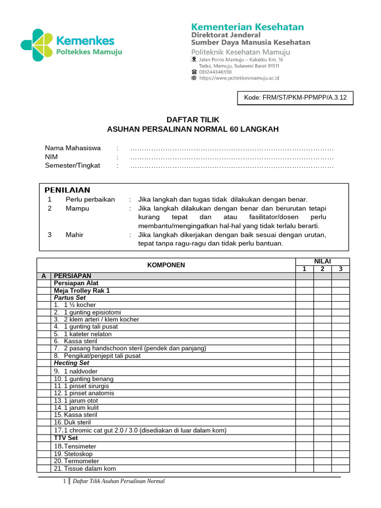 Daftar Tilik Asuhan Persalinan Normal 60 Langkah Kop Baru | PDF