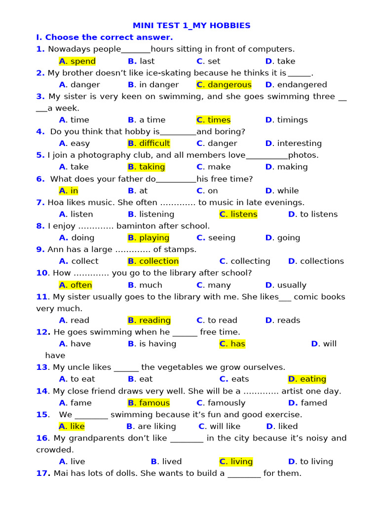 Mini Test on Hobbies and Interests | PDF