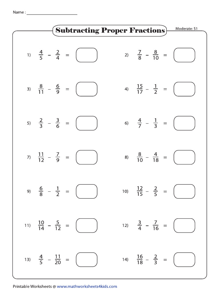 Fractions Subtraction Unlike Fractions Proper Horizontal Moderate All ...