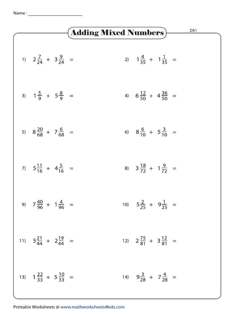 Worksheets 4th Grade Fractions Decimals Addition Mixed Horizontal Hard ...