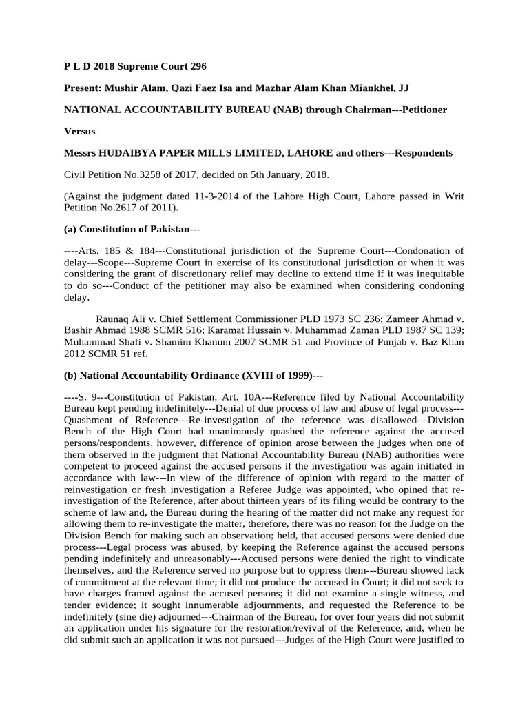 NAB vs Hudaibia Paper Mills Case Summary | PDF | Judiciaries | Public Law