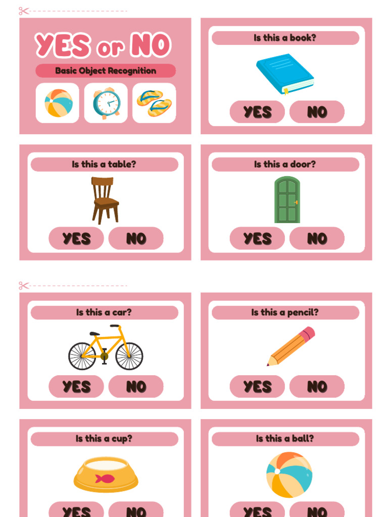 Yes or No Basic Object Recognition Task Cards in Pink Semi-Realistic ...