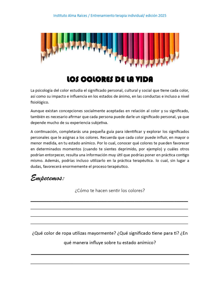 Ejercicio LOS COLORES DE LA VIDA | PDF | Psicoterapia | Psicología Social