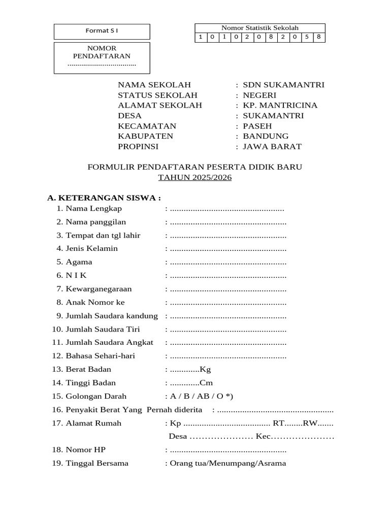 Formulir Pendaftaran SDN Sukamantri | PDF