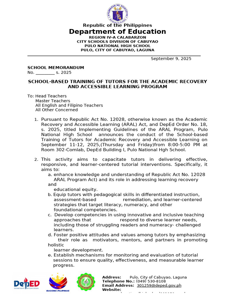 ARAL Program Tutor Training Memo | PDF | Learning | Pedagogy