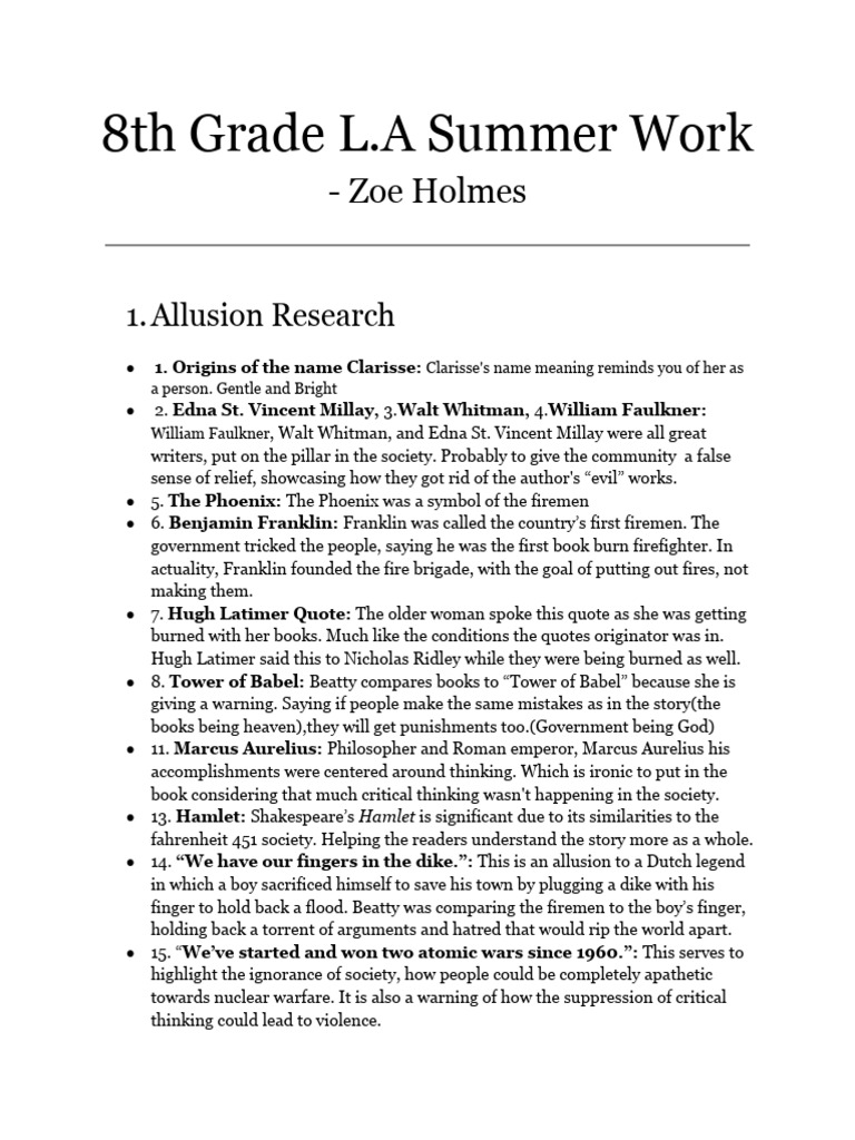 Zoe's L.A. 8th Grade Summer Work | PDF