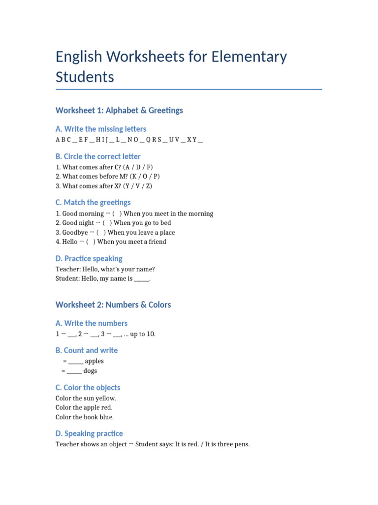 Elementary English Worksheets Guide | PDF | Linguistics